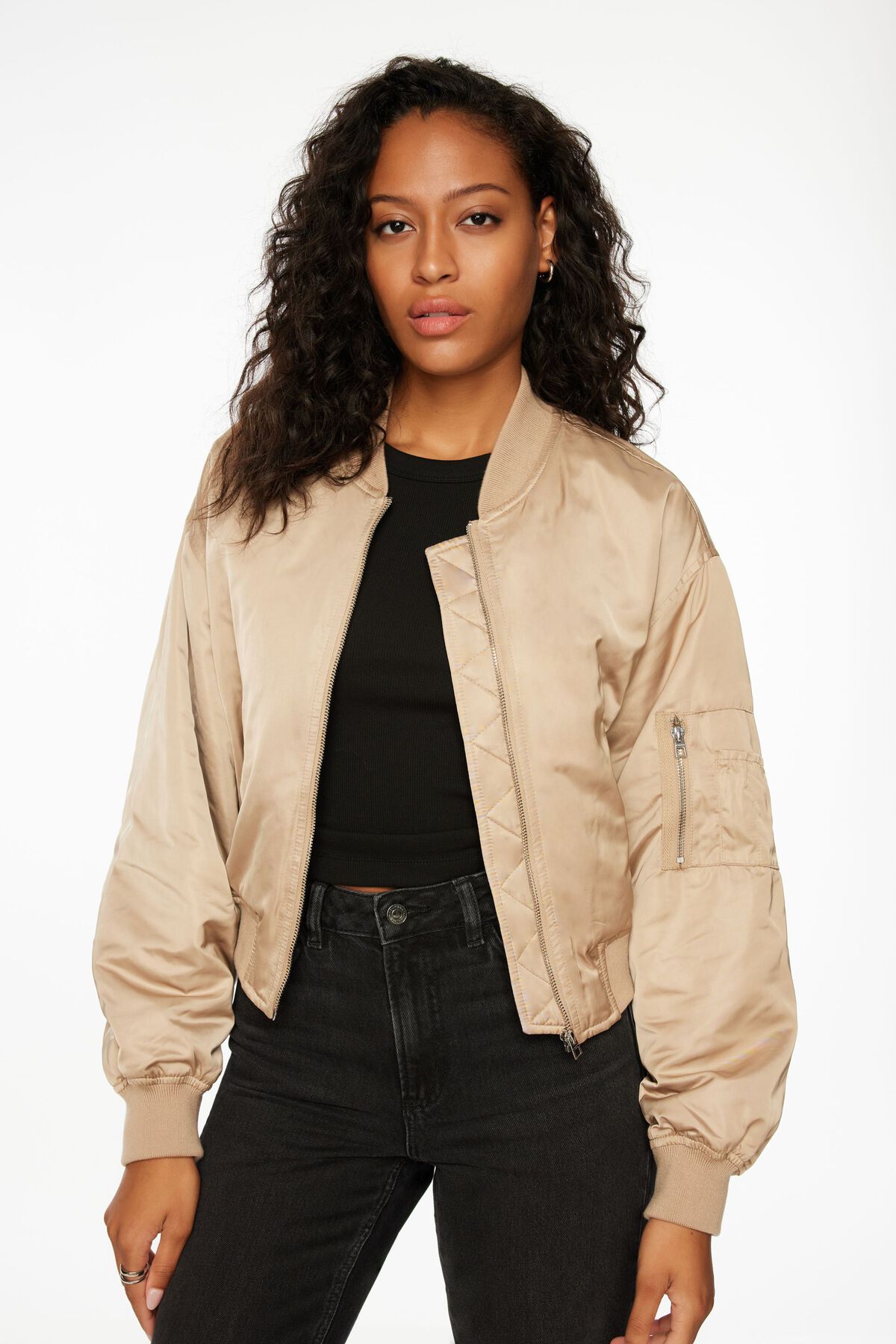 Cropped Satin Bomber Jacket Brown | Dynamite