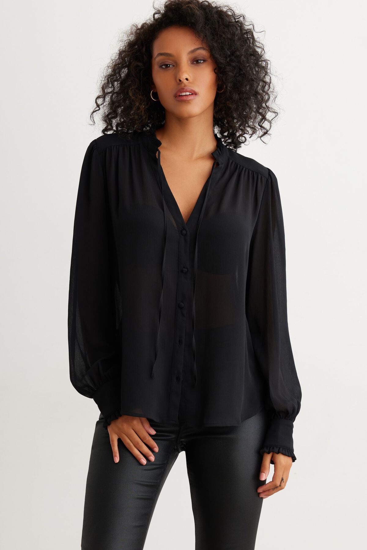 Claire Long Sleeve Sheer Blouse Black | Dynamite