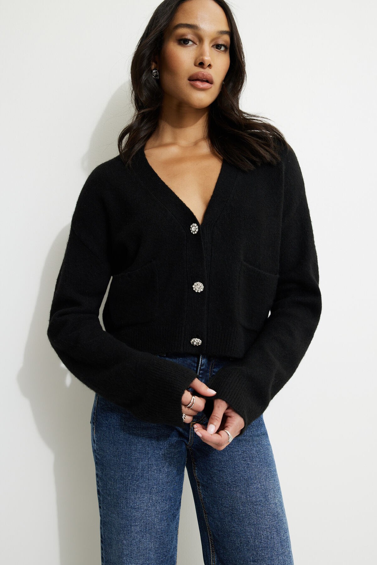 Heavenlyarn™ Abbey Jewel Button Cropped Cardigan Black | Dynamite