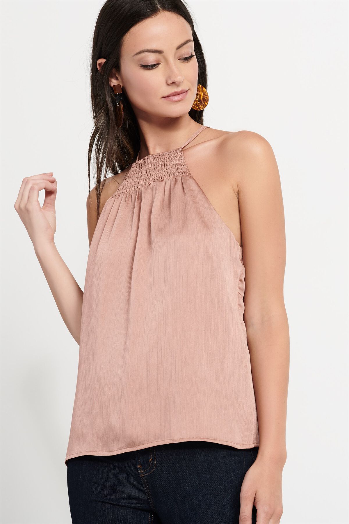 Smocked Neck Halter Top Pink | Dynamite