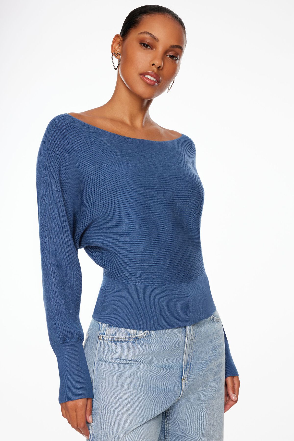 Long Sleeve Boat Neck Sweater Blue | Dynamite