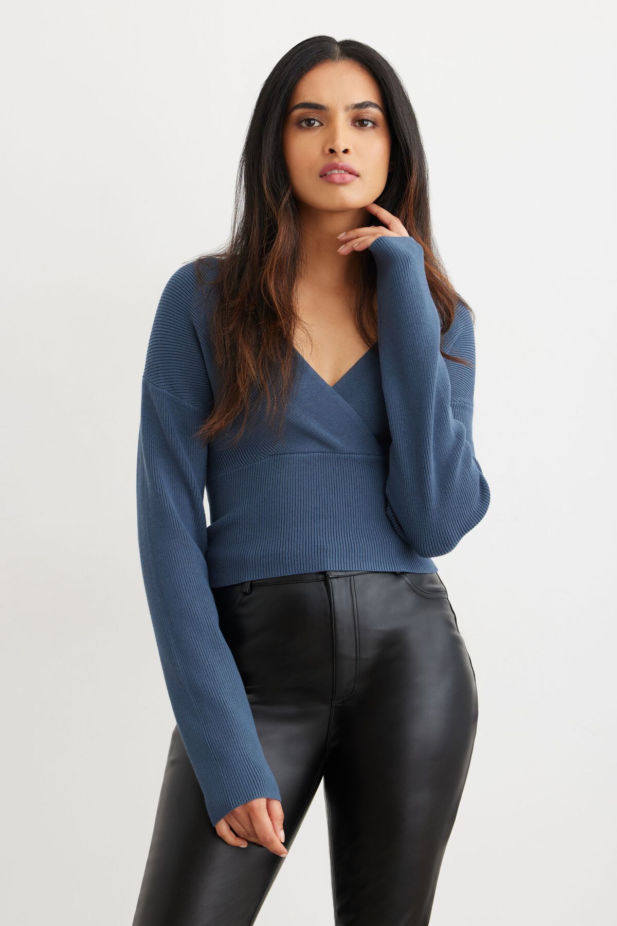 Faux-Wrap Ribbed Sweater Blue | Dynamite