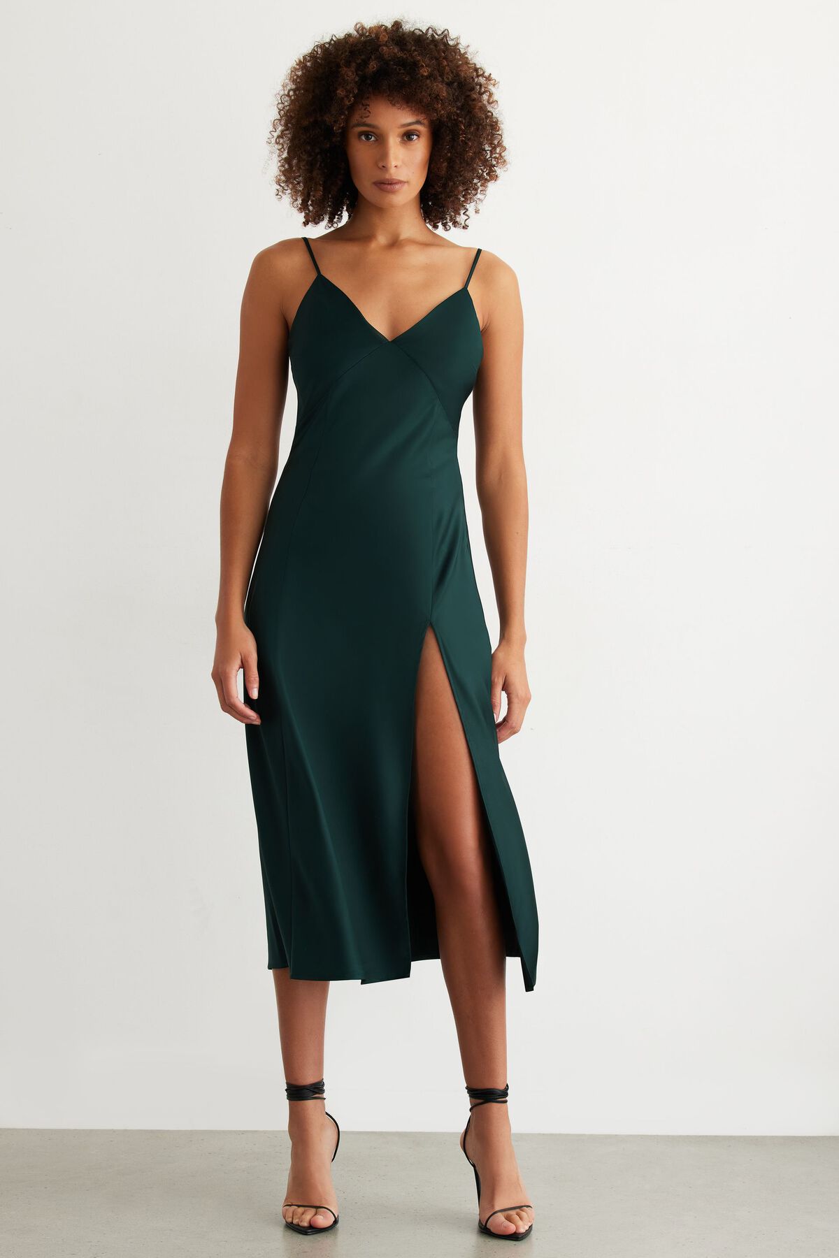 V-Neck Midi Slip Dress Green | Dynamite