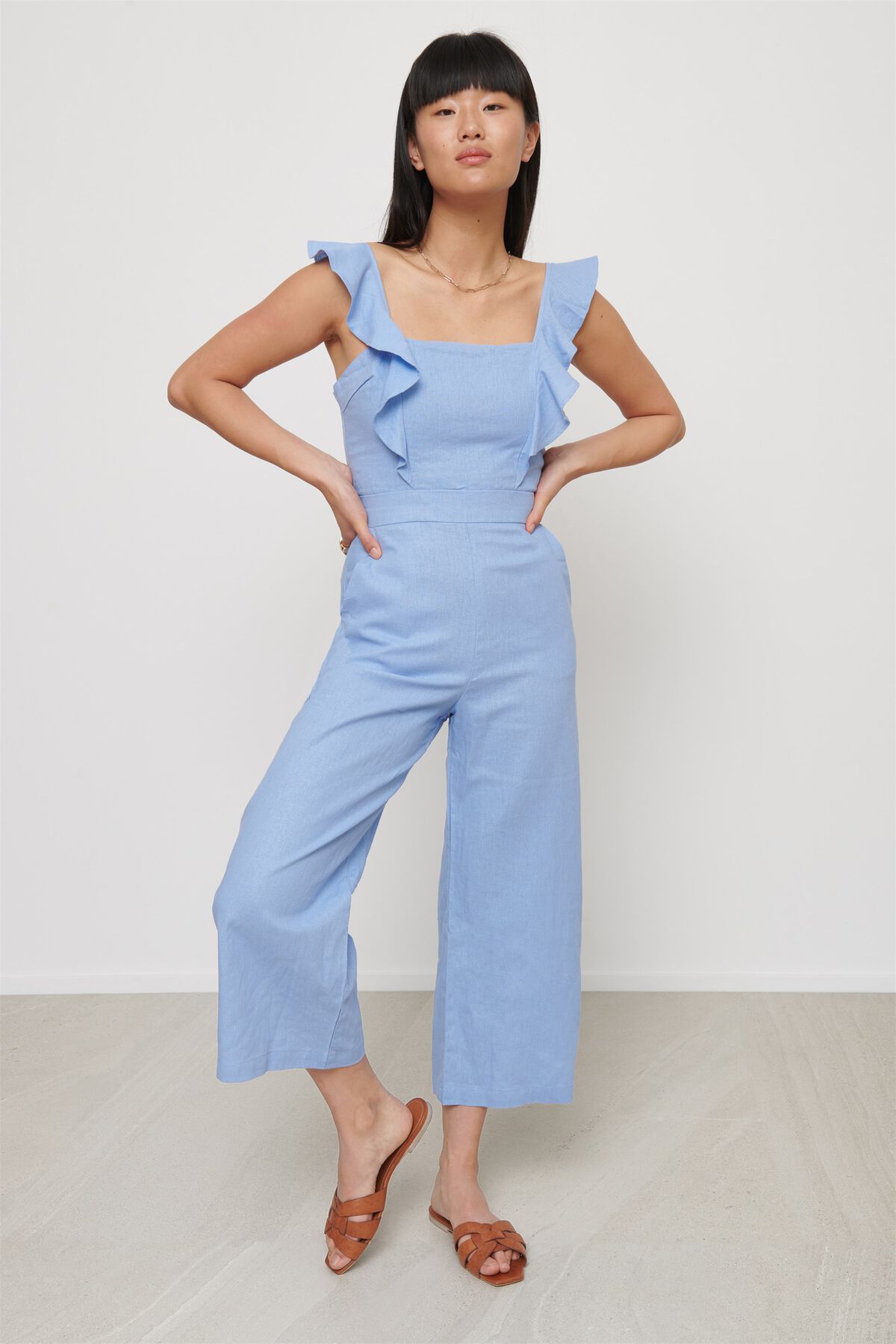 Frill Sleeve Linen Jumpsuit Blue | Dynamite