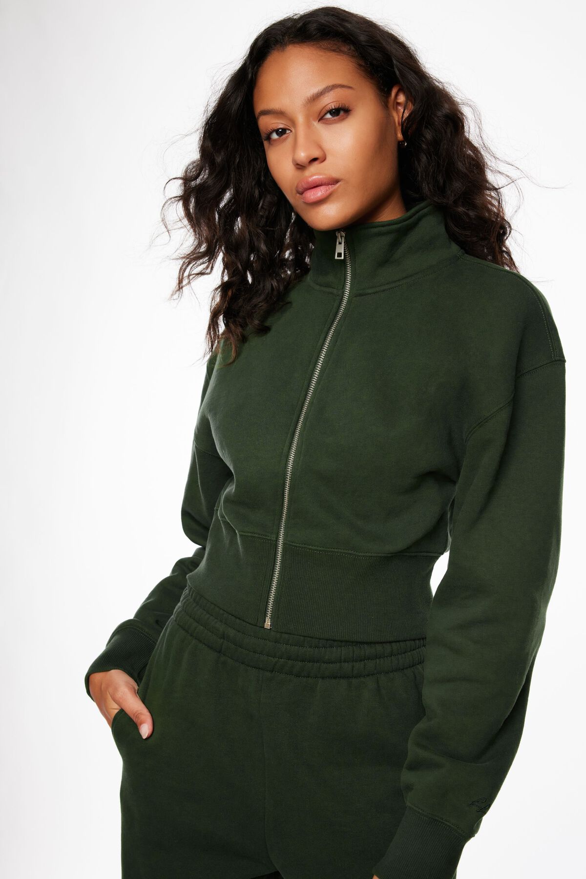Cropped Zip Up Sweatshirt Green | Dynamite