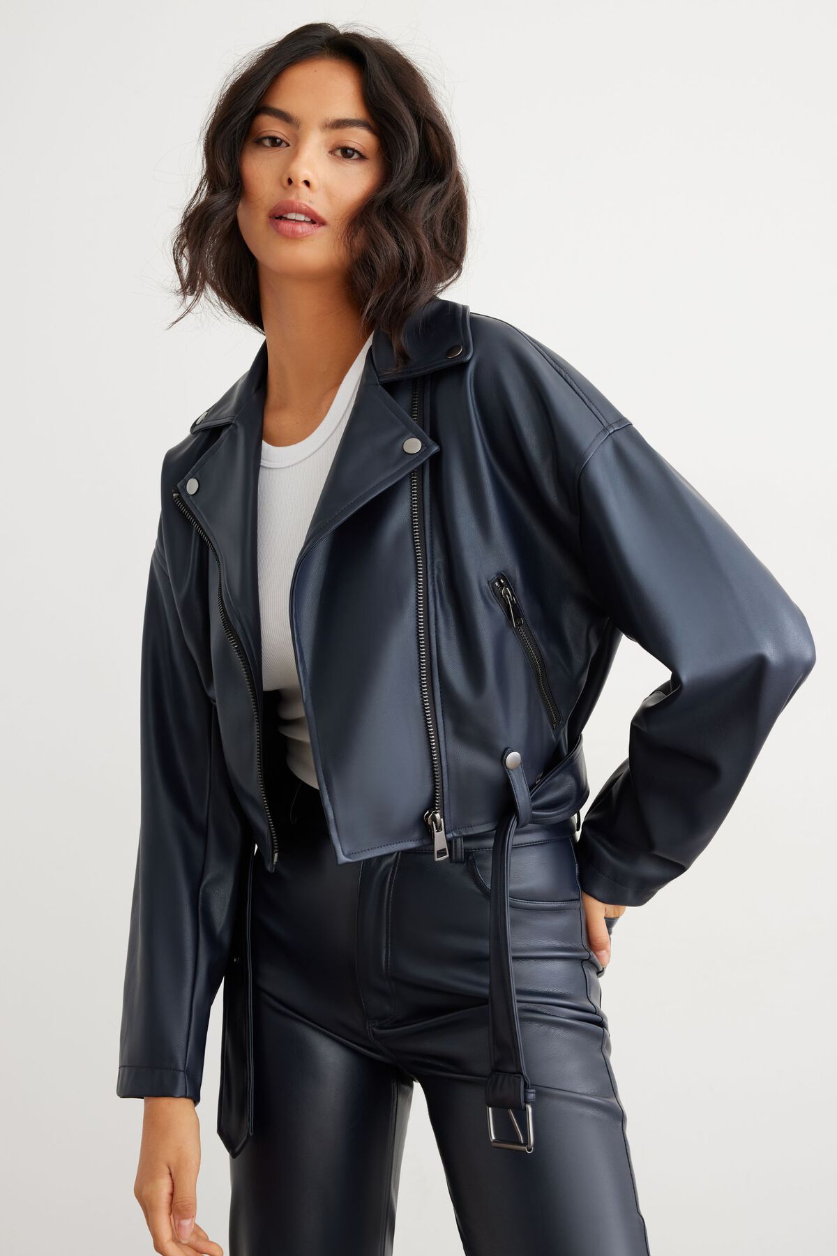 80s Faux Leather Biker Jacket Blue | Dynamite