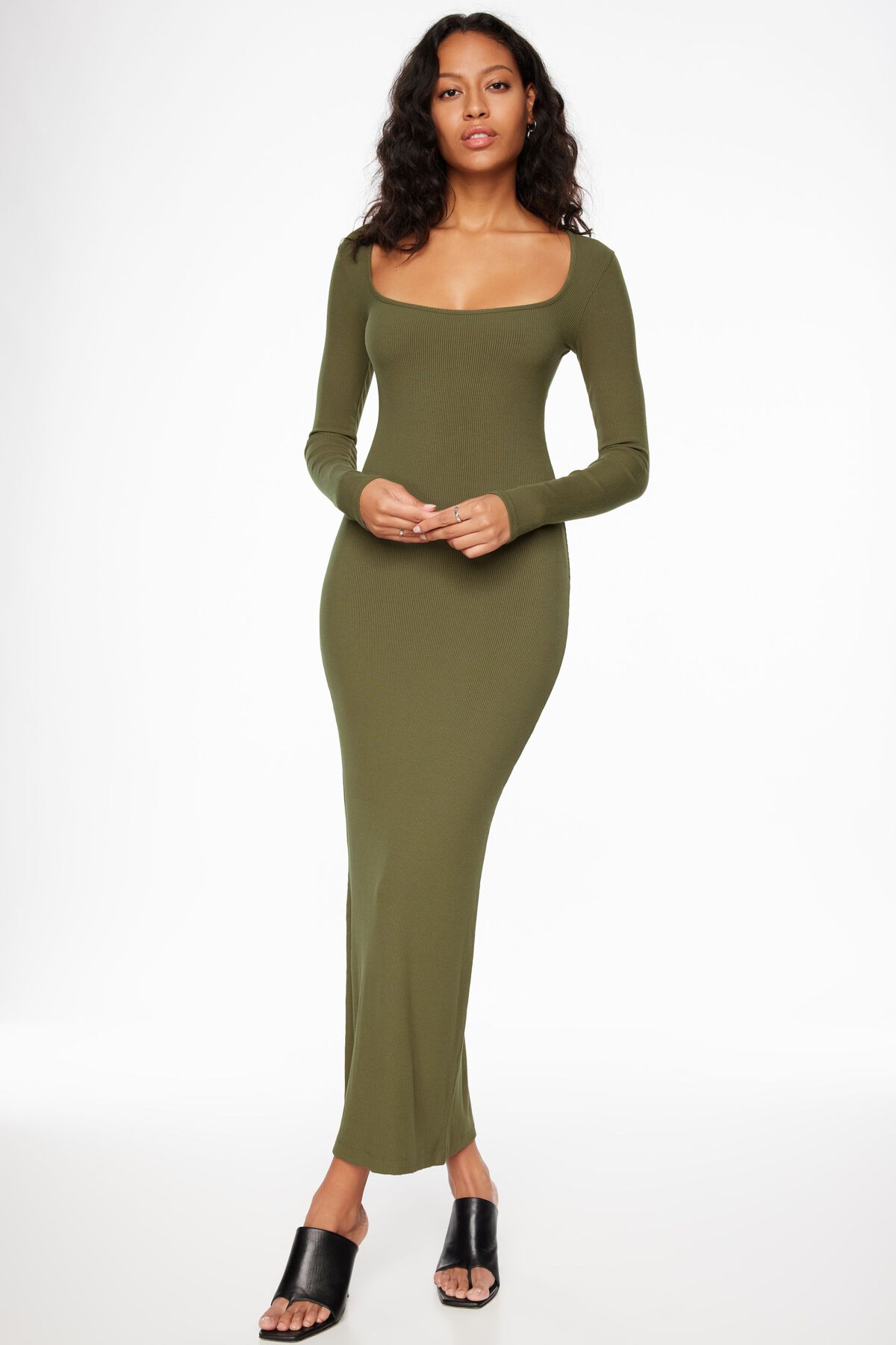 Long Sleeve Ribbed Maxi Dress Green | Dynamite