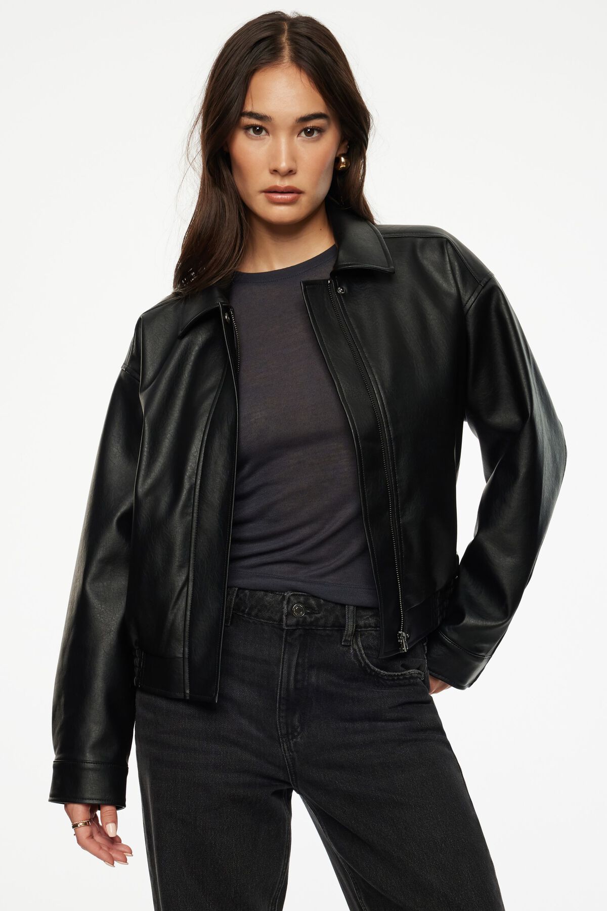 Faux Leather Bomber Jacket Black | Dynamite