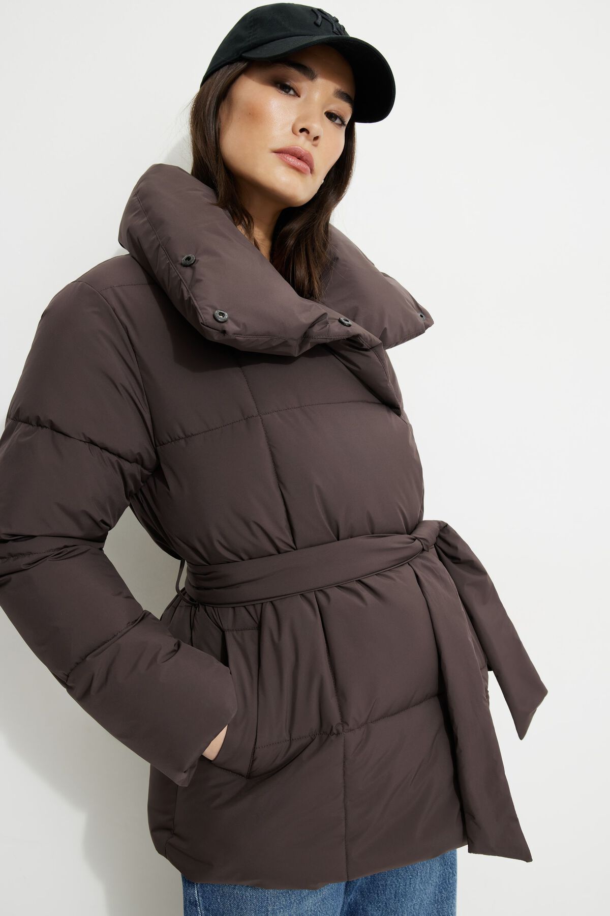 Belted Midi Puffer Jacket Brown | Dynamite