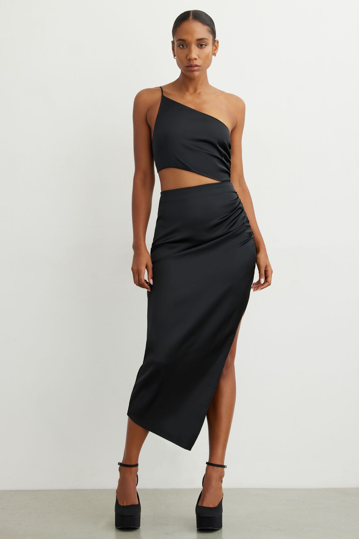 RSVP Asymmetric Cut Out Midi Dress Black | Dynamite