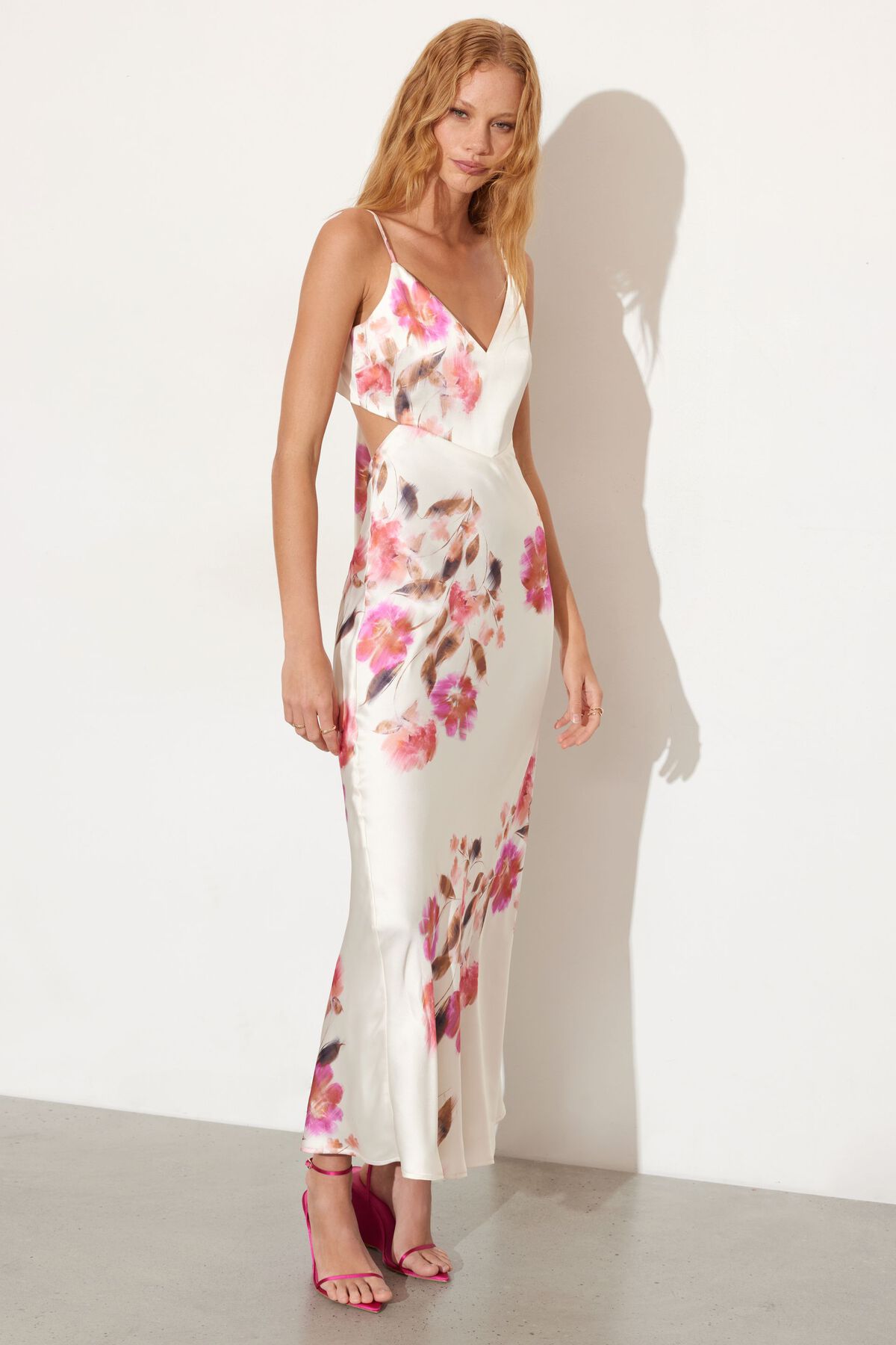 V-Neck Satin Maxi Dress Red | Dynamite