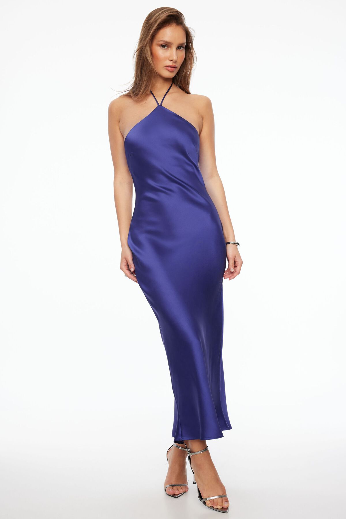 Halter Satin Maxi Dress Blue | Dynamite