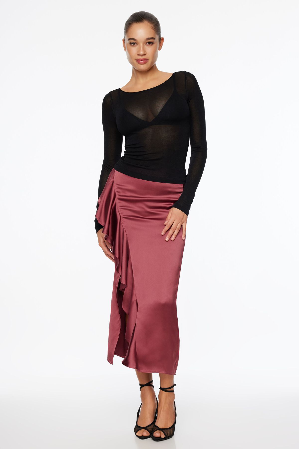 Kamila Satin Ruffled Maxi Skirt Pink | Dynamite