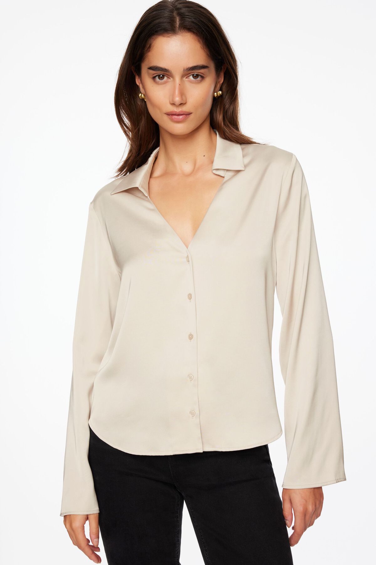 Piper Long Sleeve Satin Shirt Beige | Dynamite