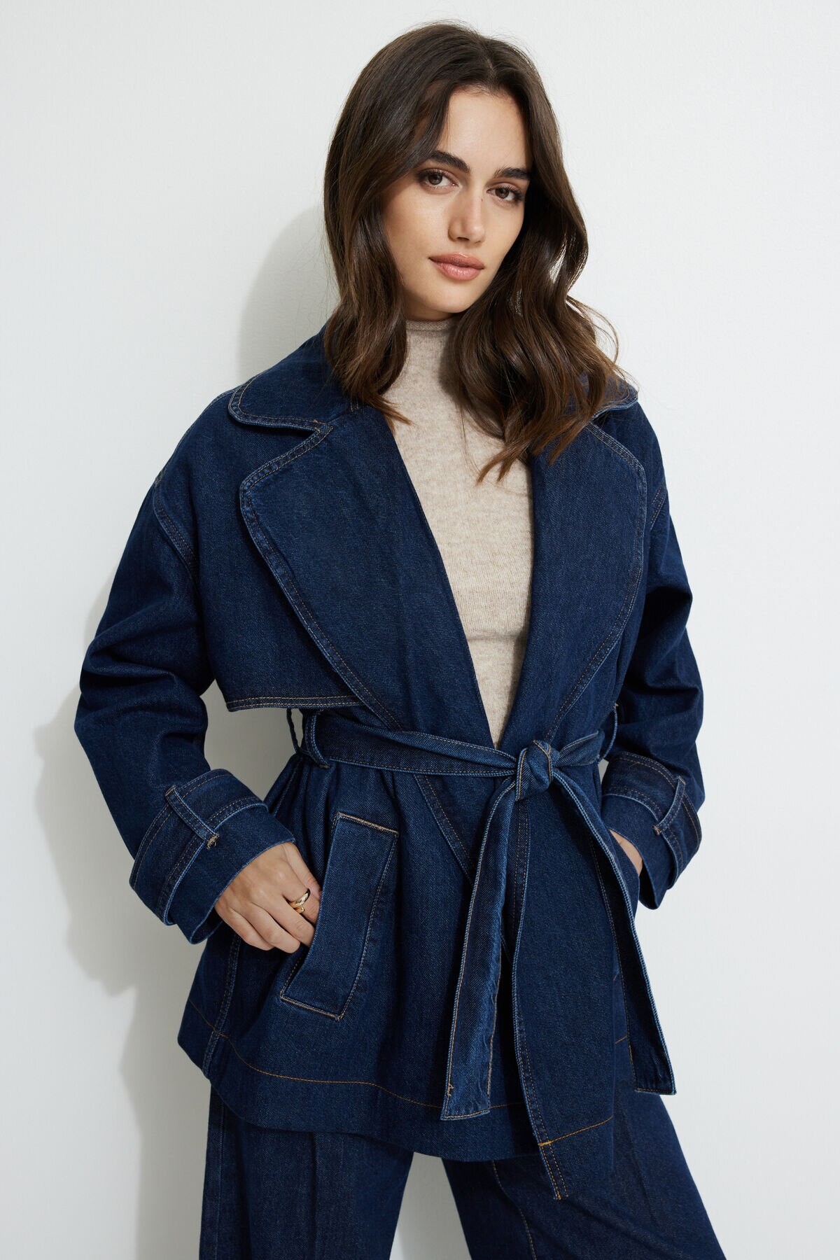 Cropped Denim Trench Coat Blue | Dynamite