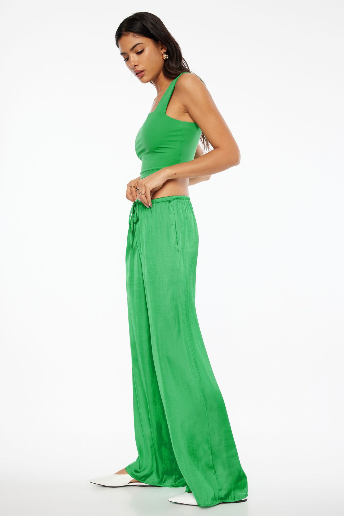 Santina Satin Wide Leg Pants Green | Dynamite
