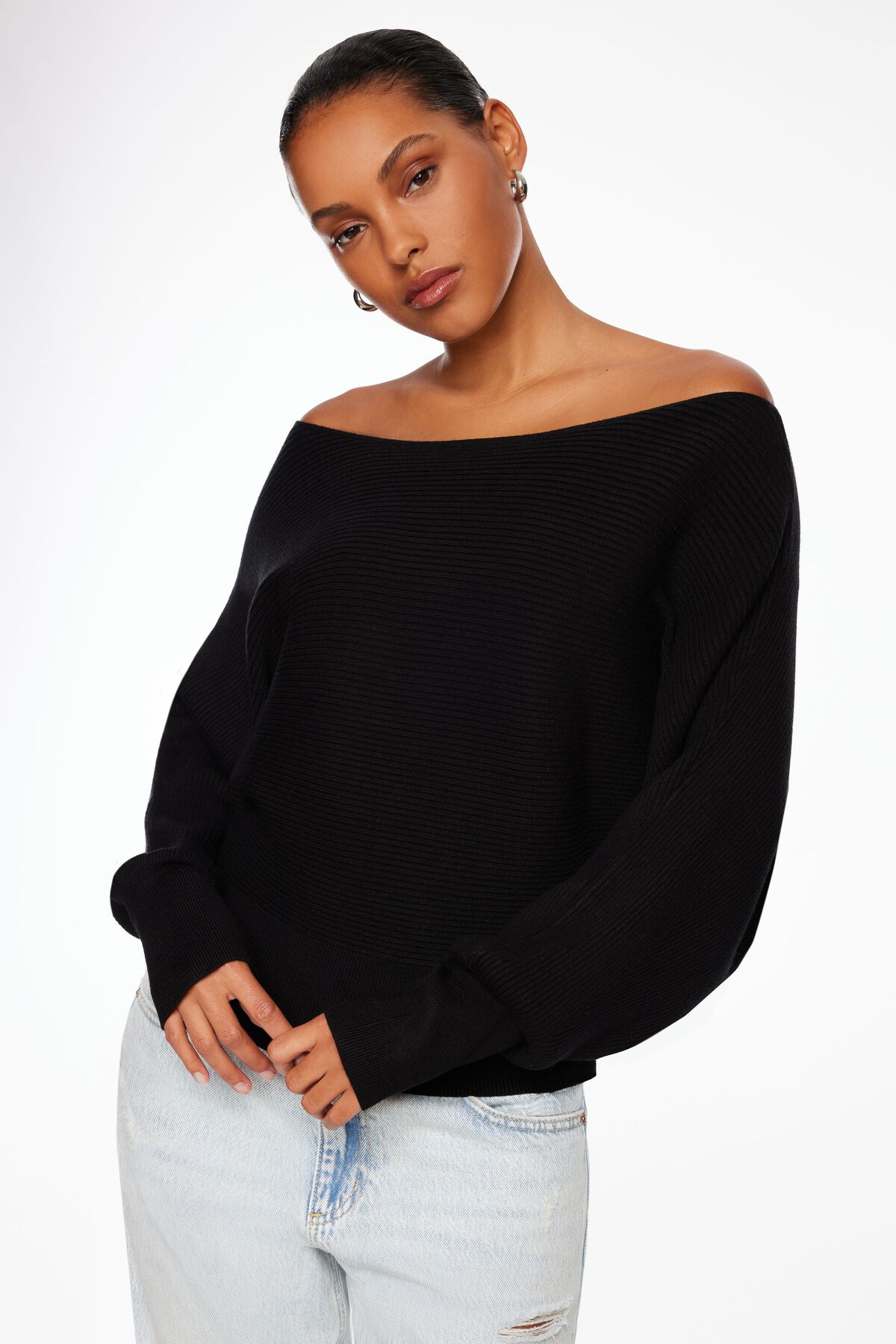 Long Sleeve Boat Neck Sweater Black | Dynamite