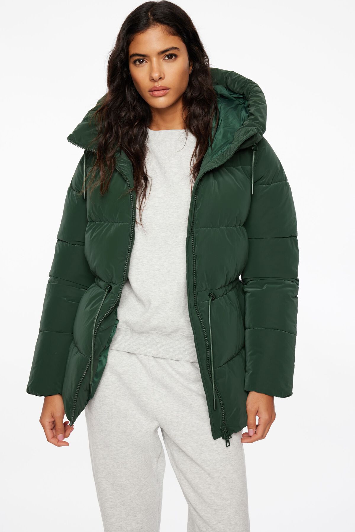 Lustre Puff ™ Cinched Waist Puffer Jacket Green | Dynamite