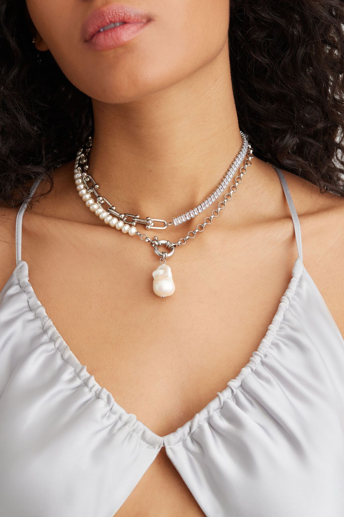 Layered Pearl Drop Chain Necklace | Dynamite