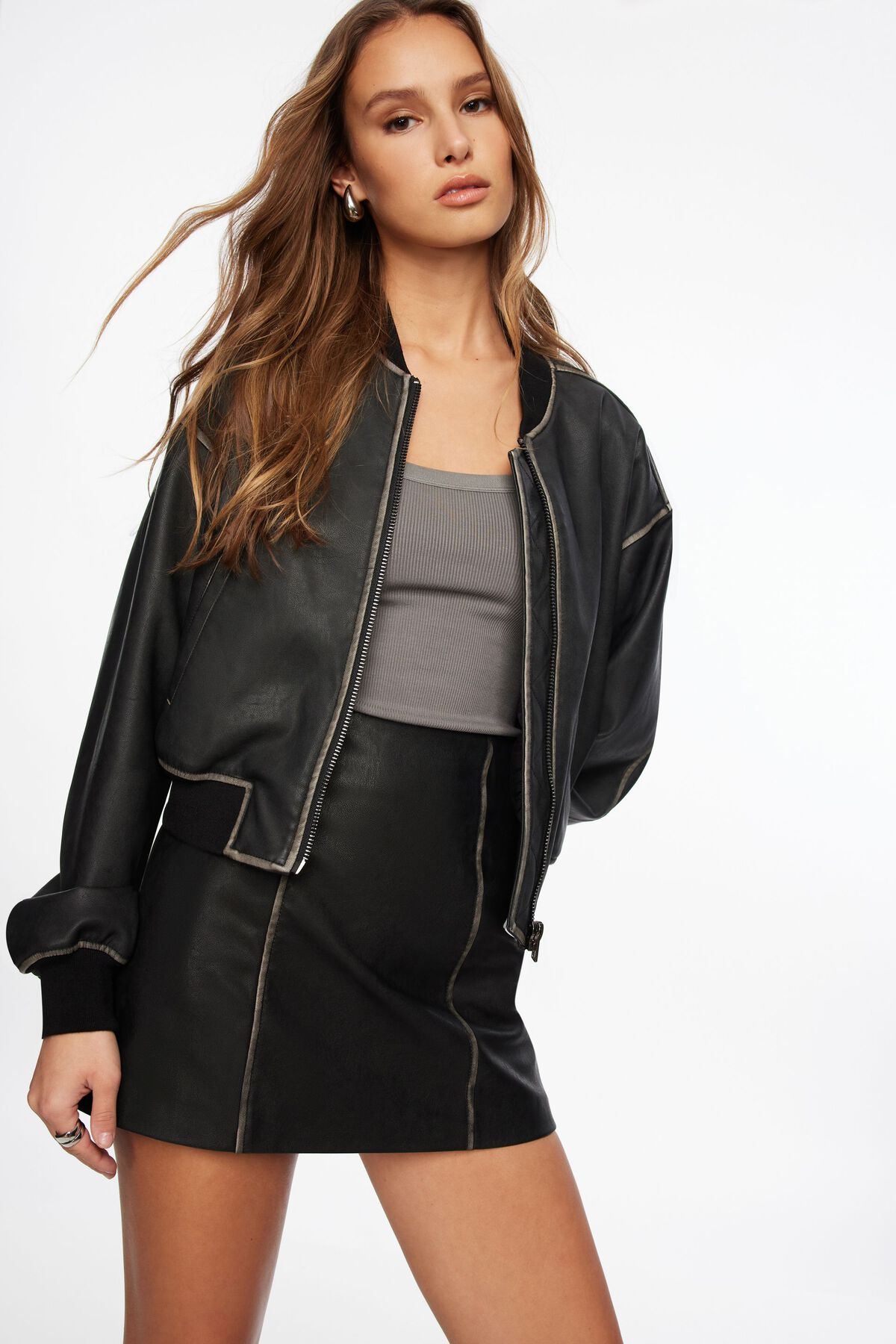 Faux Leather Cropped Bomber Jacket Black | Dynamite