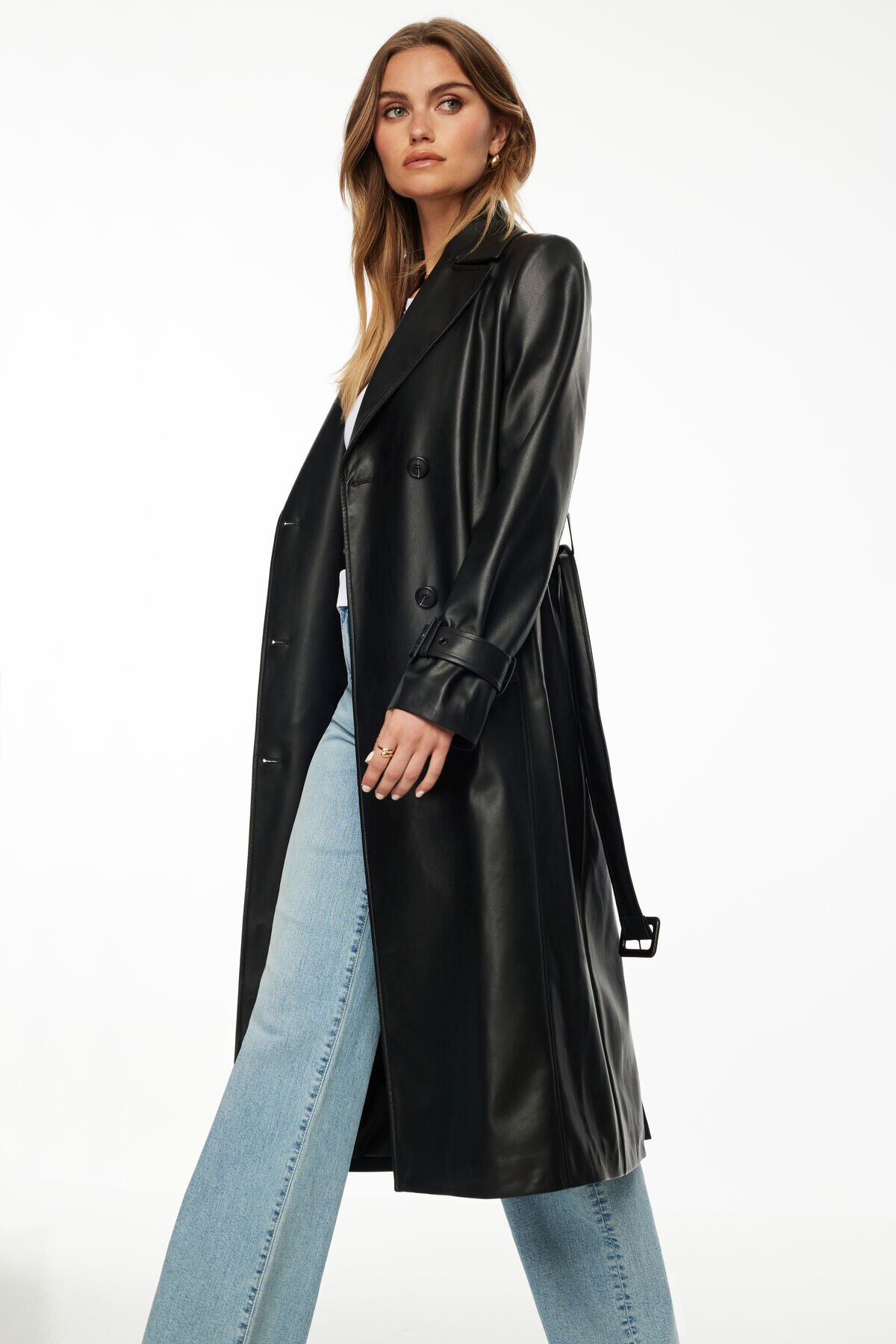 Military Faux Leather Trench Coat Black | Dynamite