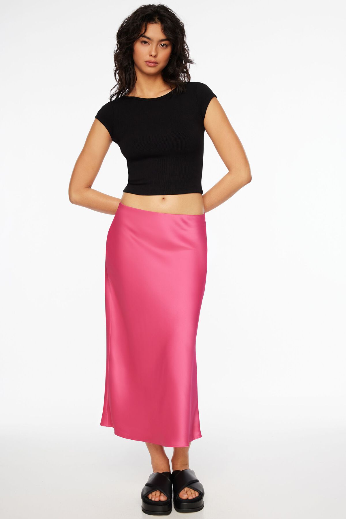 Melody Satin Slip Midi Skirt Pink | Dynamite