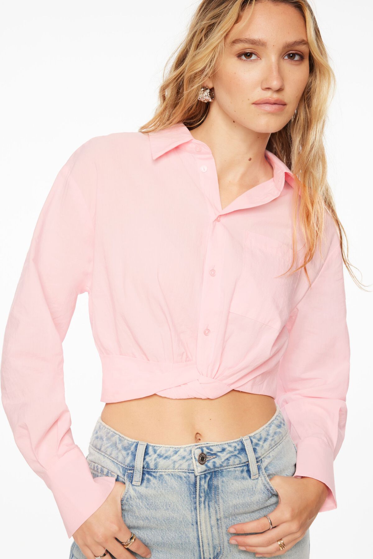 Cropped Button Up Shirt Pink | Dynamite