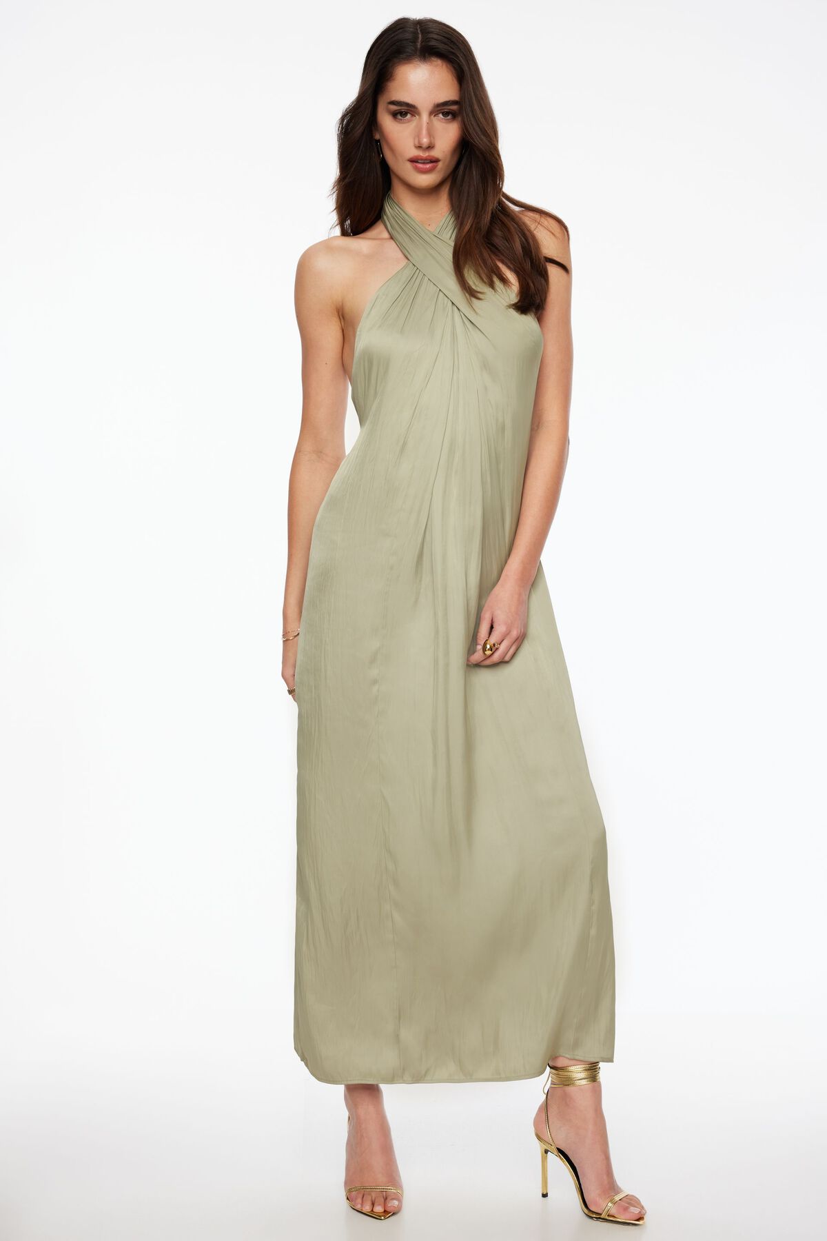 Crinkled Halter Satin Maxi Dress Green | Dynamite