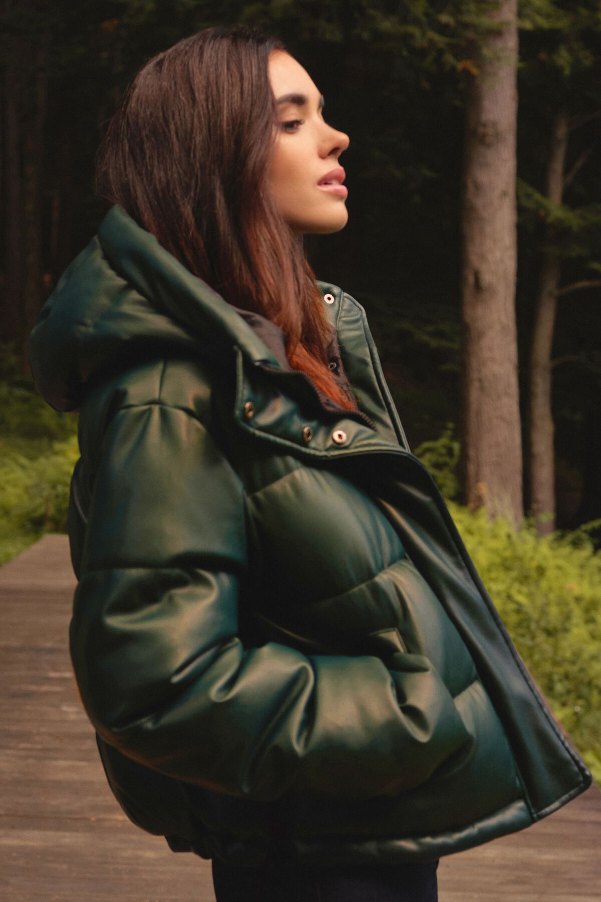 Short Faux Leather Puffer Jacket Green | Dynamite