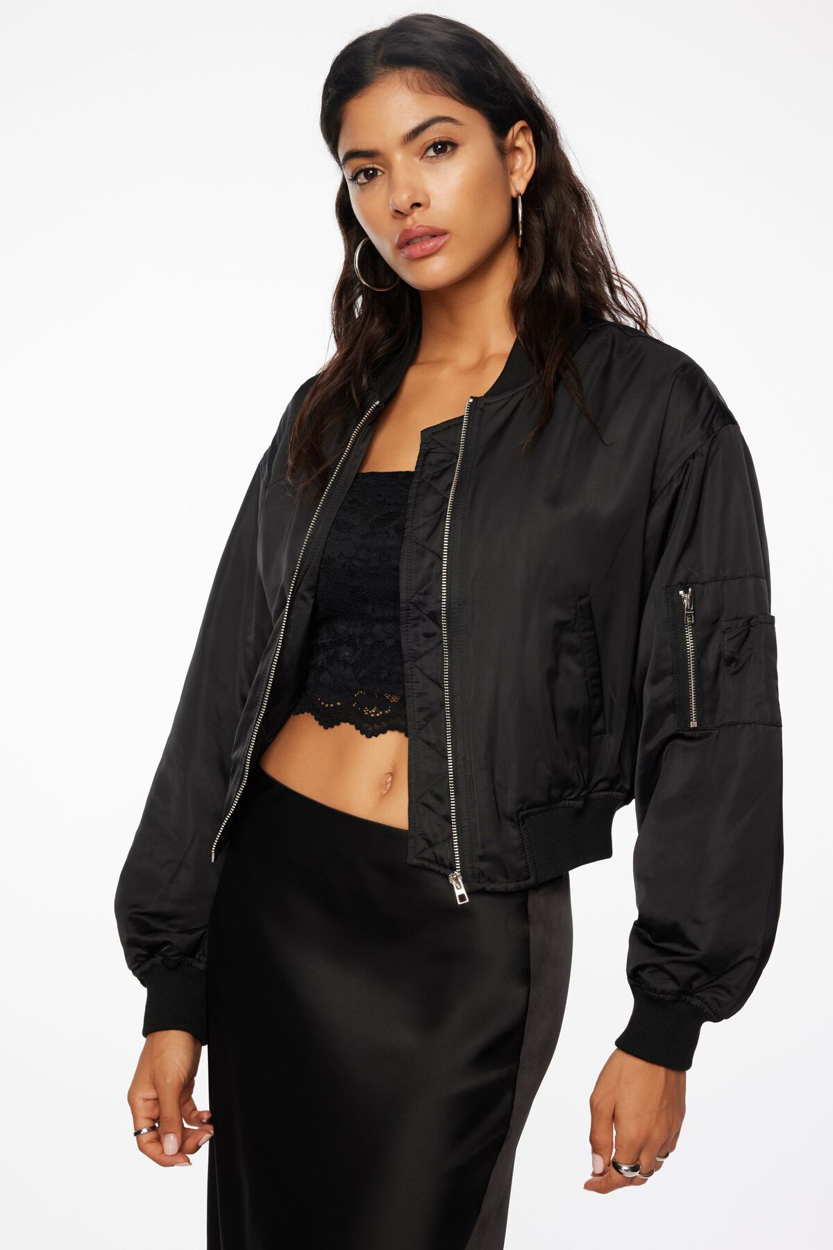 Cropped Satin Bomber Jacket Black | Dynamite