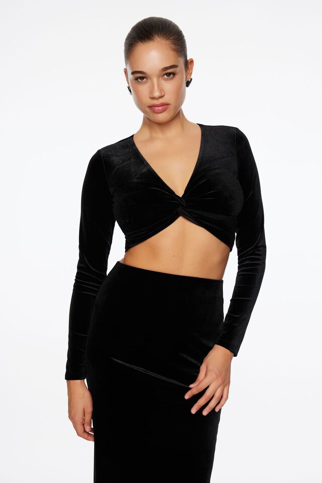 Velvet Deep V-Neck Crop Top Black | Dynamite