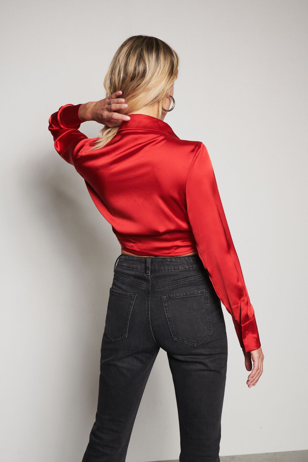 Dynamite Long Sleeve Wrap Around Satin Top - 10006382500D