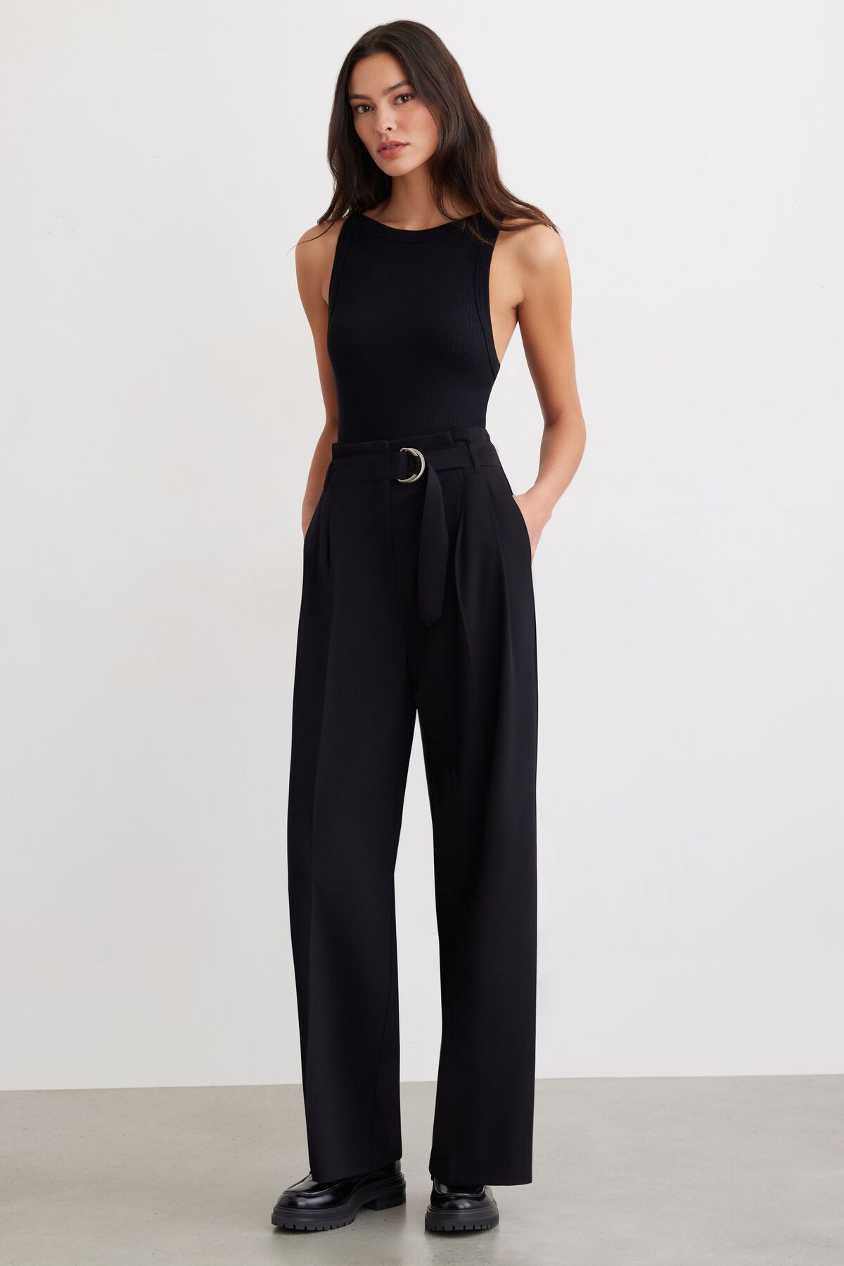 Wide Leg Paper Bag Pants Black | Dynamite