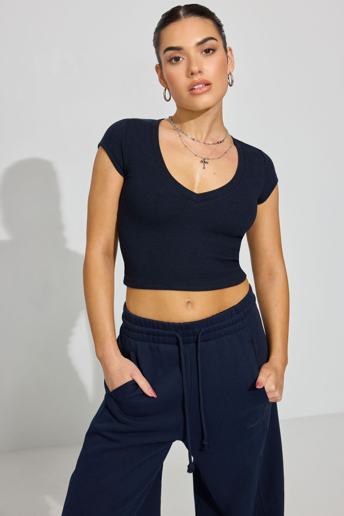 V Neck Ribbed Tee Blue | Dynamite