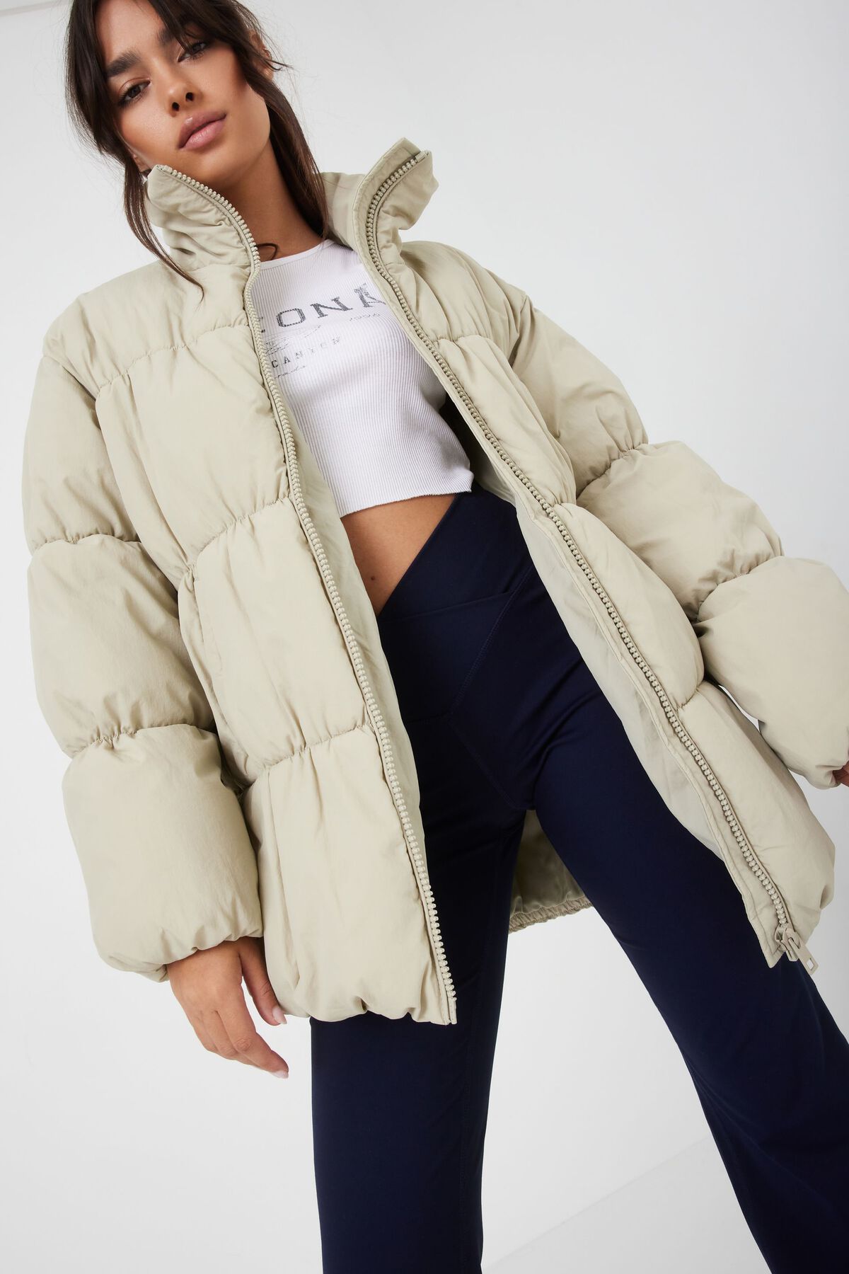 Shirred Oversize Puffer Jacket Green | Dynamite