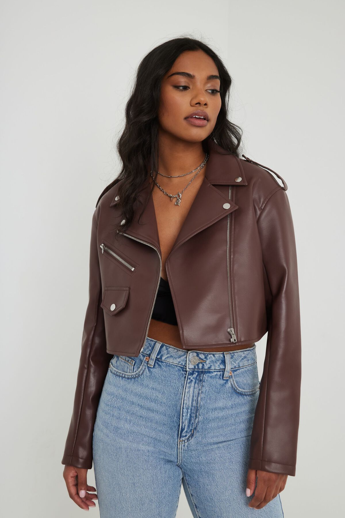 Crop Moto Jacket Brown | Dynamite