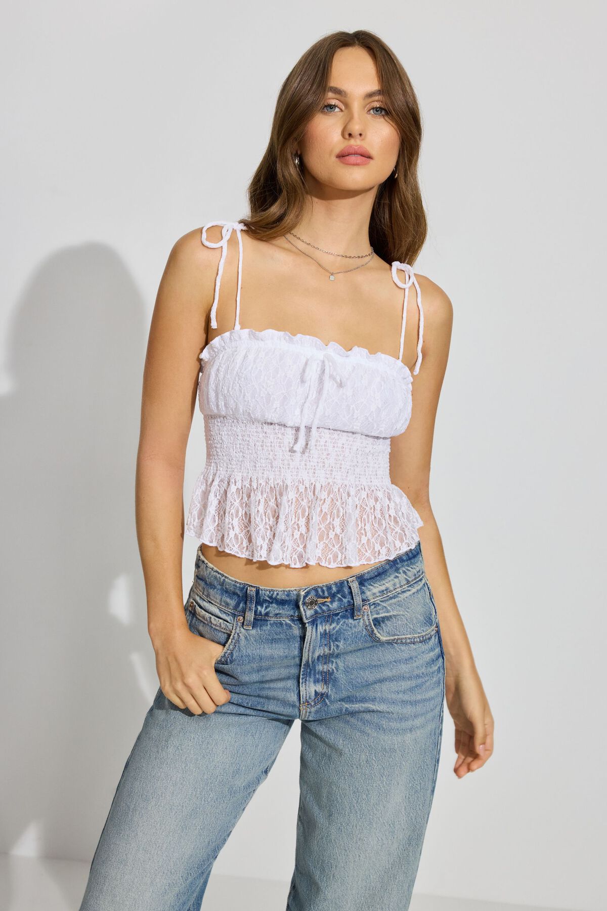 Smocked Lace Cami Top White | Dynamite