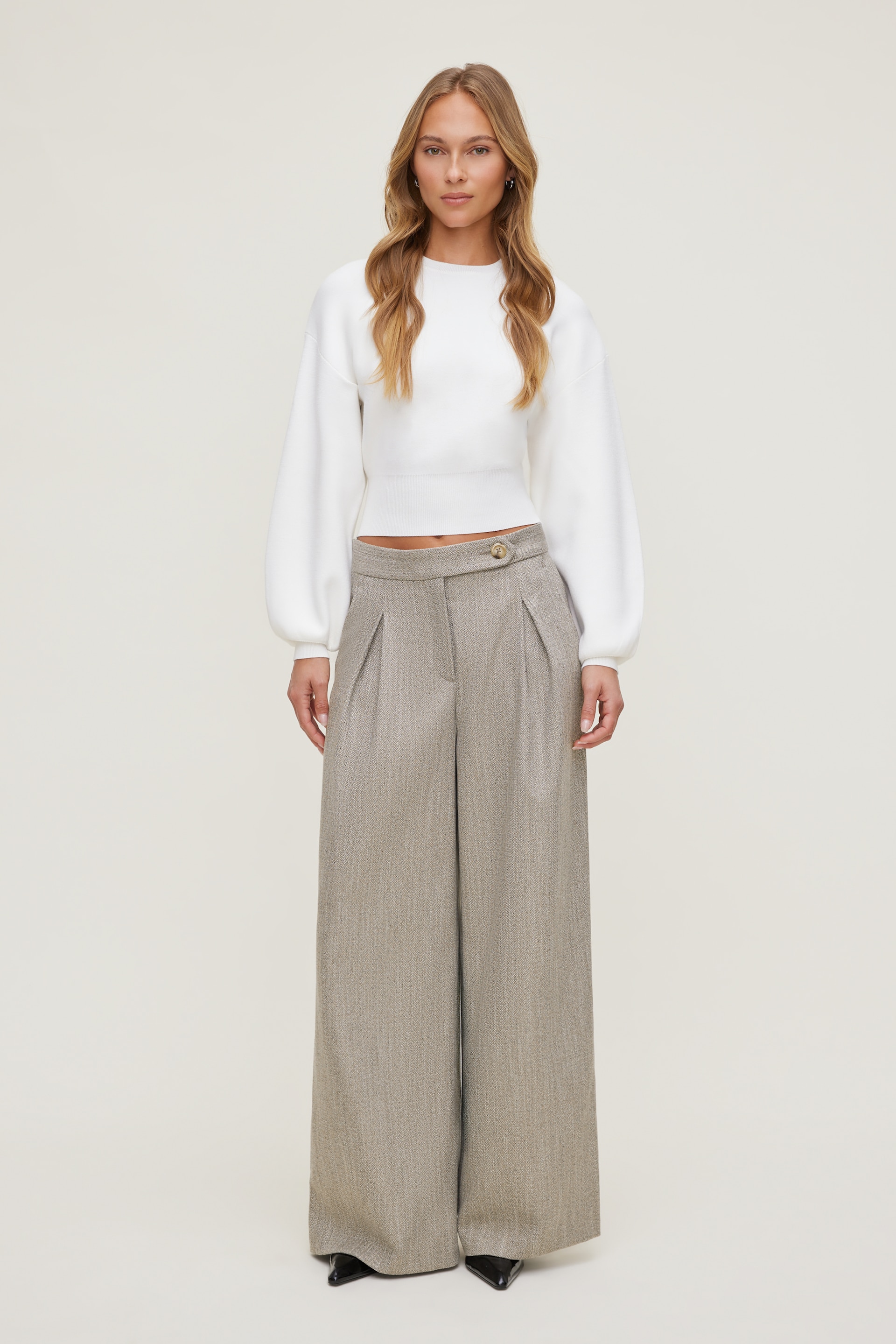 Herringbone Pleated Wide Leg Pants Beige | Dynamite