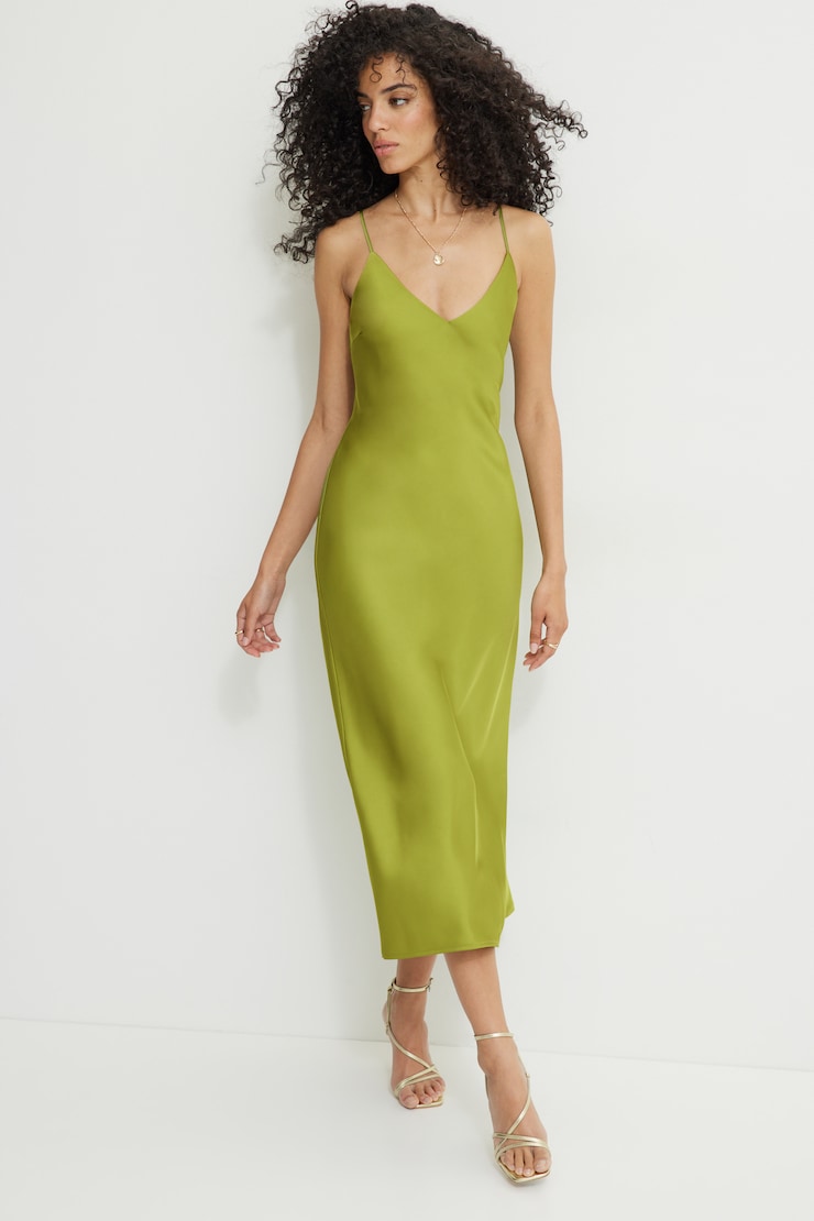 Aimee Satin Maxi Dress Green | Dynamite