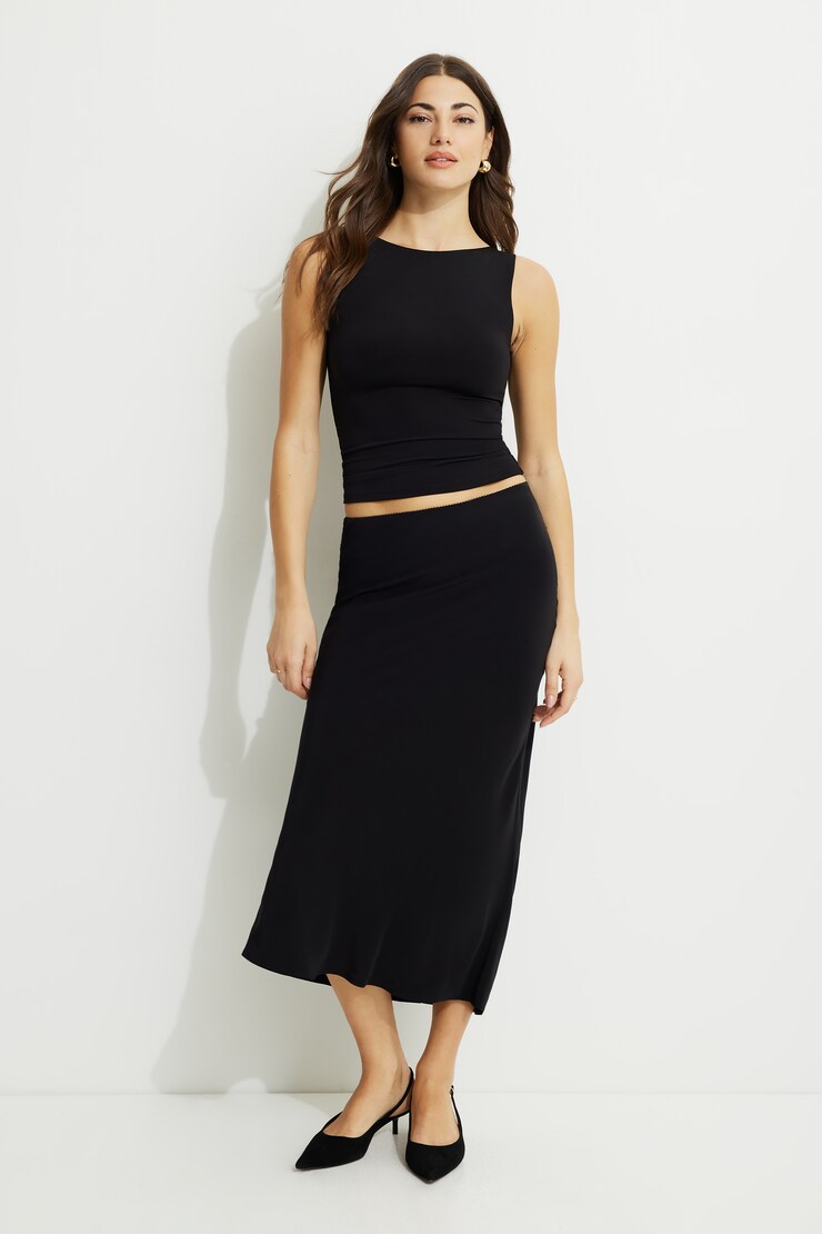 Picot Midi Slip Skirt Black | Dynamite