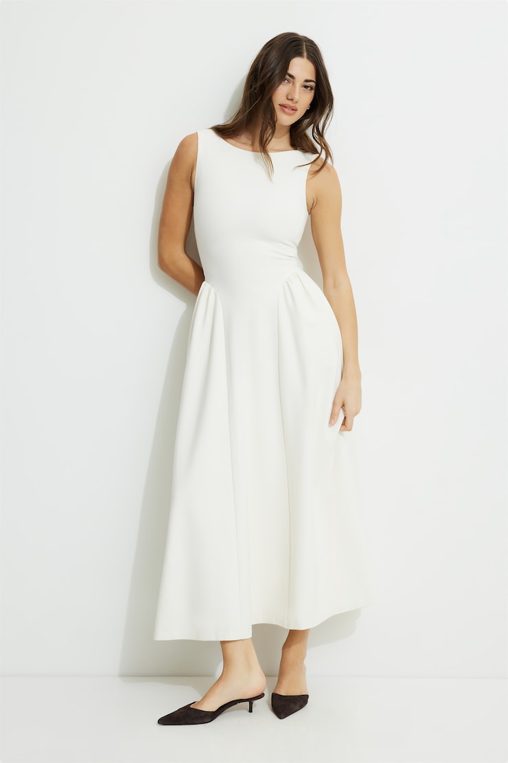 Iris Flared Ponte Maxi Dress Beige | Dynamite
