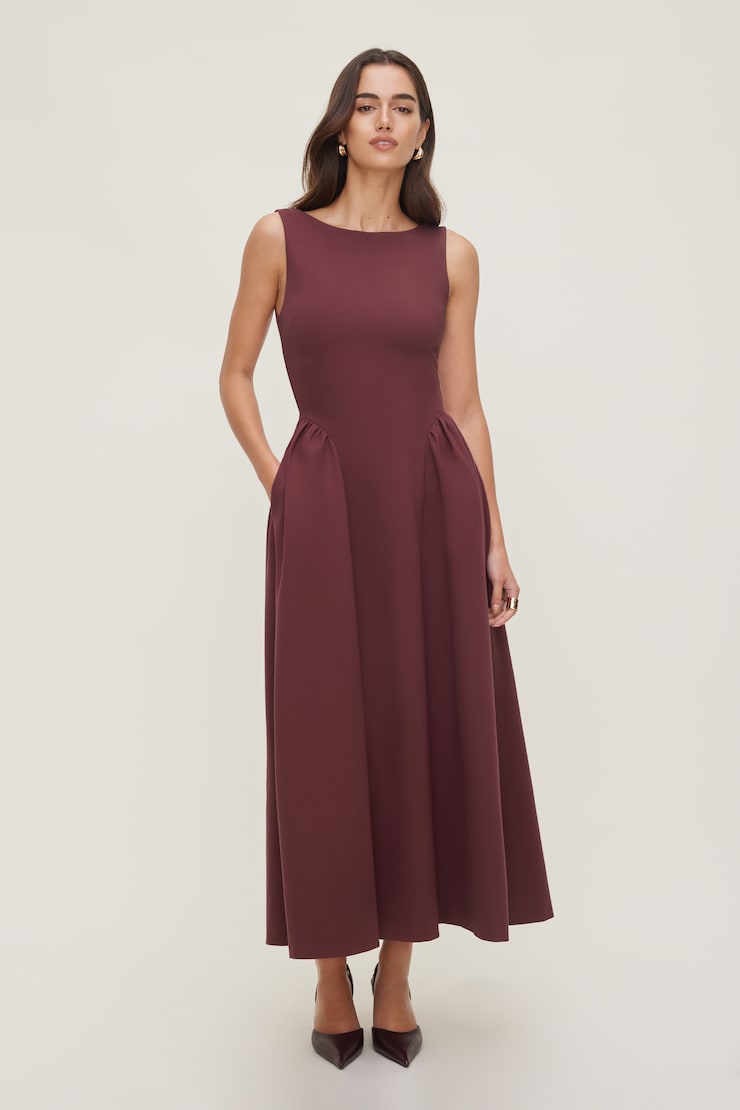 Iris Flared Ponte Maxi Dress Burgundy | Dynamite