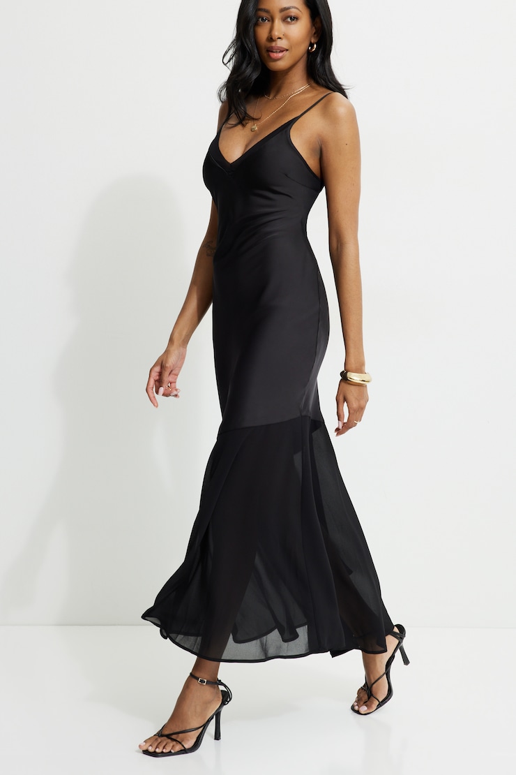 Asymmetric Satin Maxi Dress Black | Dynamite
