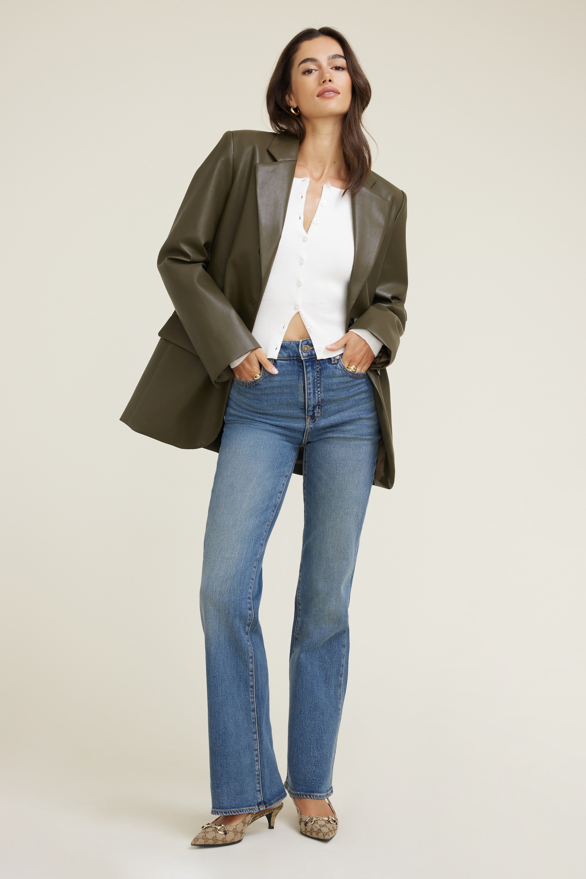 Oversized Faux Leather Blazer Green | Dynamite