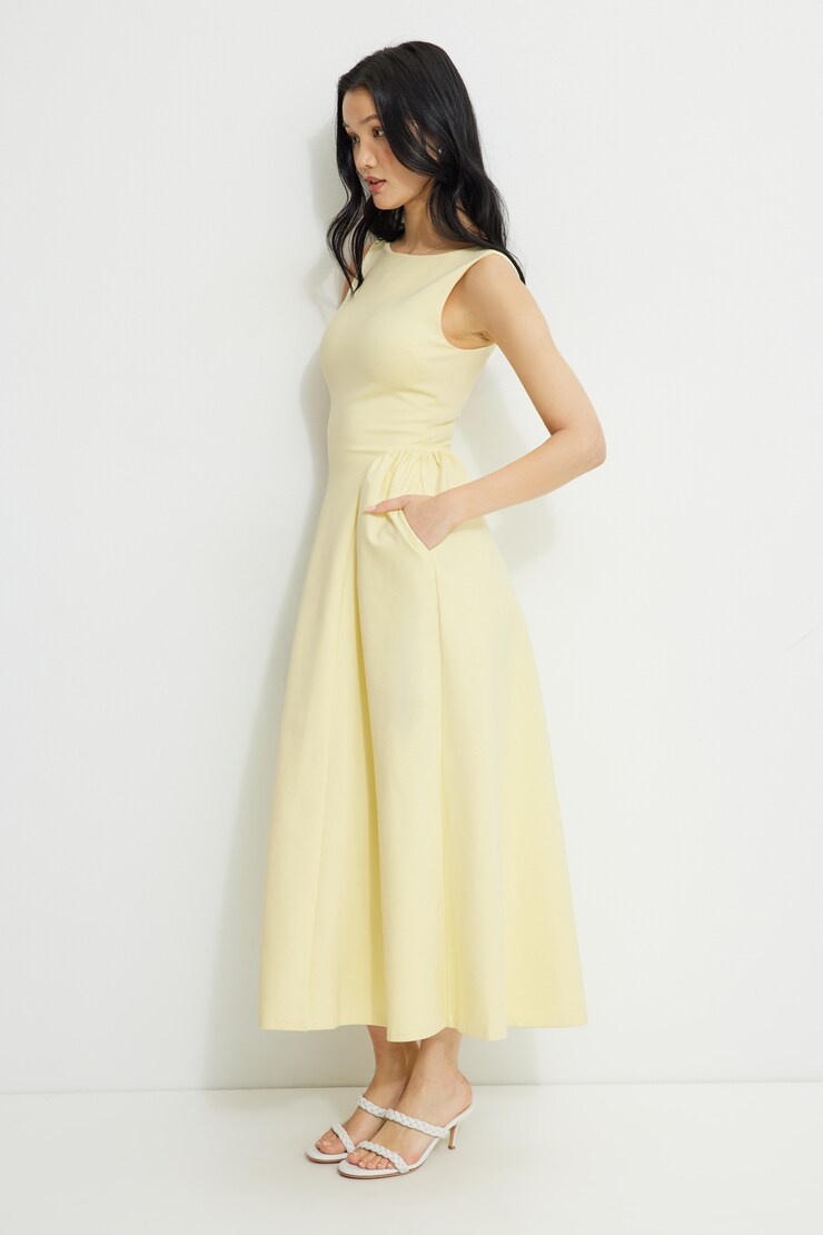 Iris Flared Ponte Maxi Dress Yellow | Dynamite