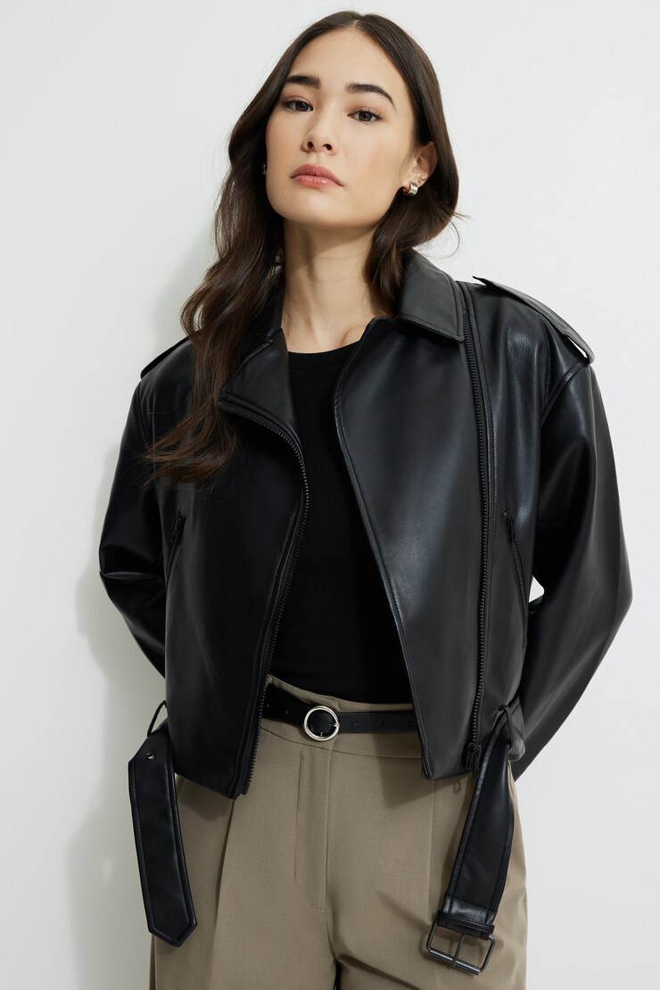 Belted Faux Leather Biker Jacket BLACK | Dynamite