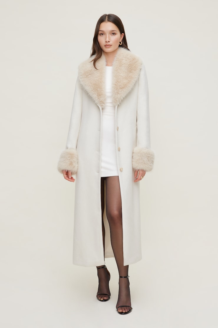 Faux Fur Trim Wool Coat Beige | Dynamite